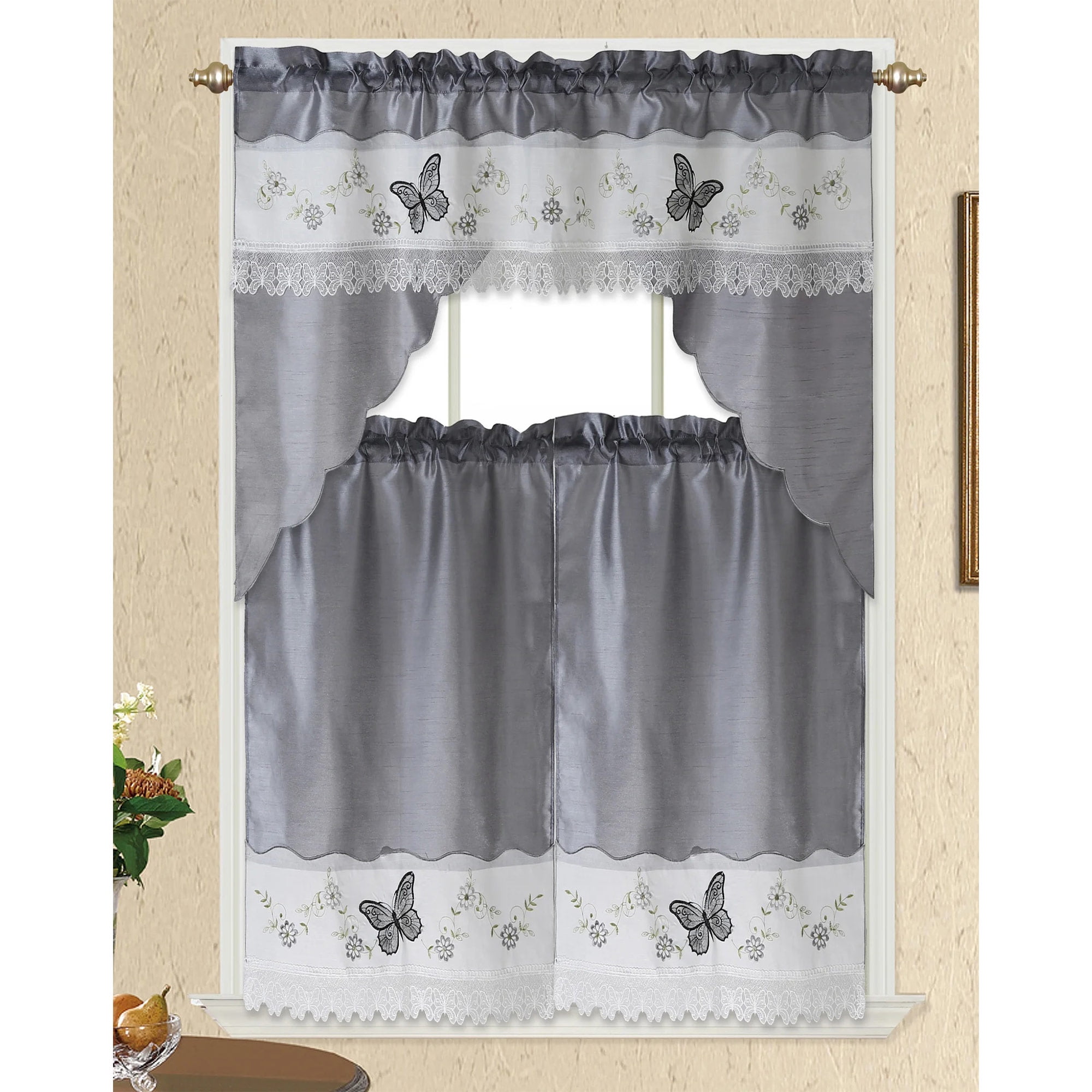 Butterfly 3 Piece Embroidered Kitchen Curtain Set, Silver, Swag 58x36 ...