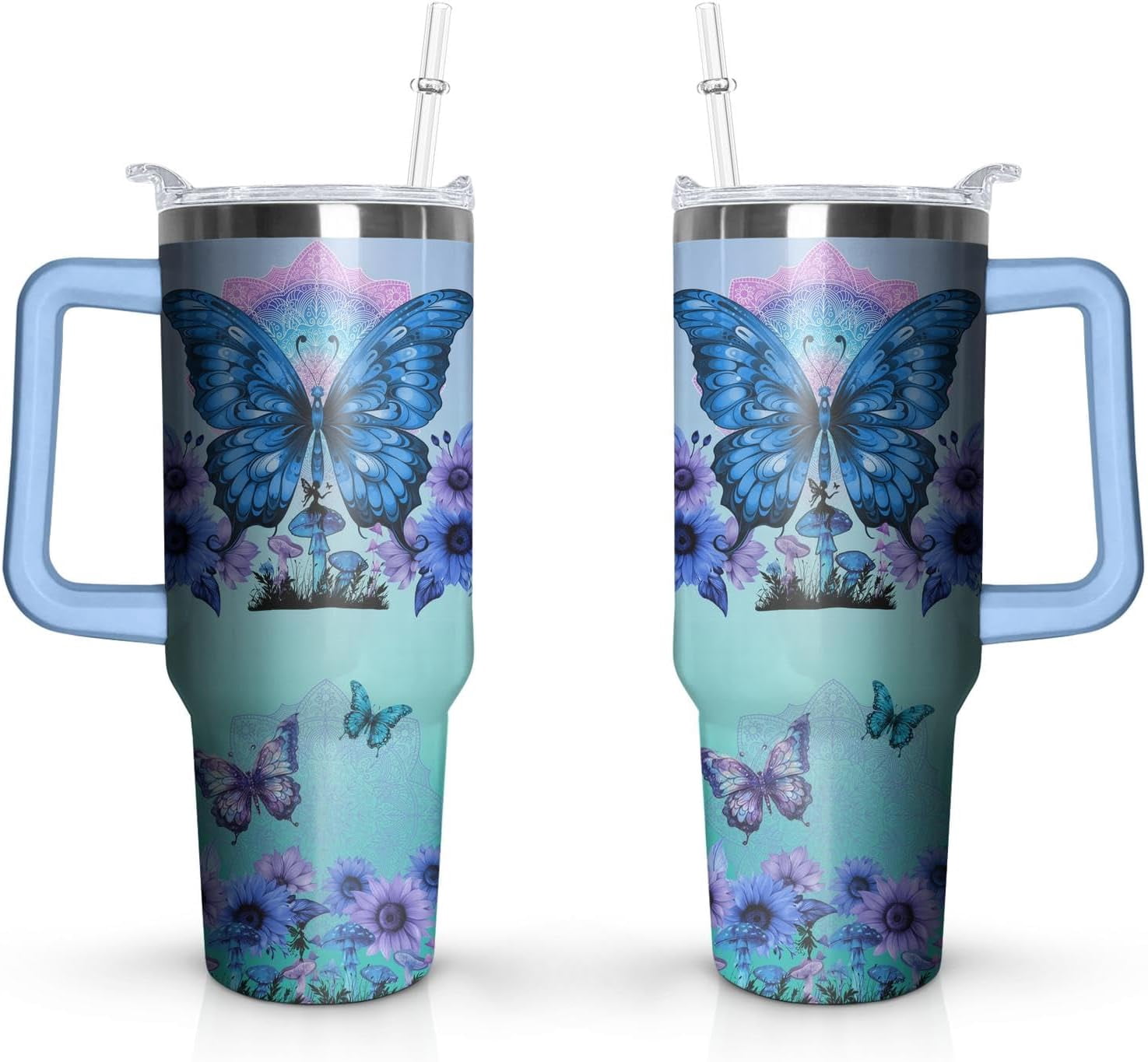 Butterfly 40 oz Tumbler with Handle and Straw Lid- 100% Leak Proof ...