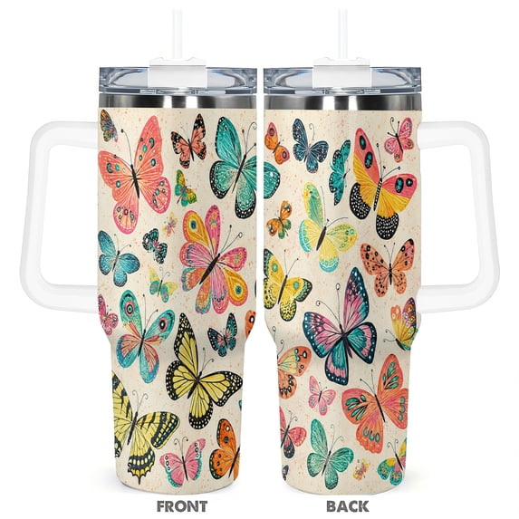 Butterfly 40oz Travel Tumbler With Handle And Straw, Stainless Steel ...