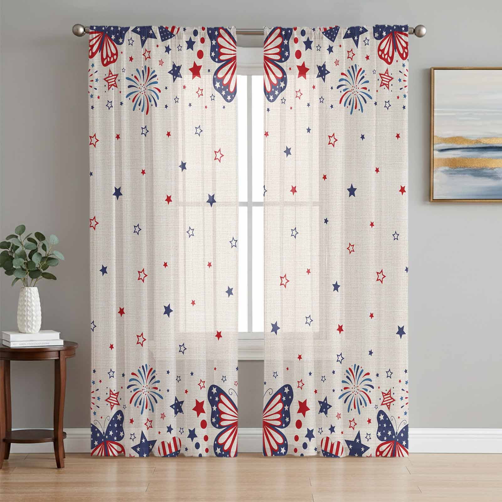 Butterfly 4th of July Semi Sheer Curtains 108 Inch Length 2 Panels Set ...