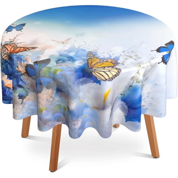 Butterfly 60 inch Round Tablecloth,Spring Blue Flowers Circle Table ...