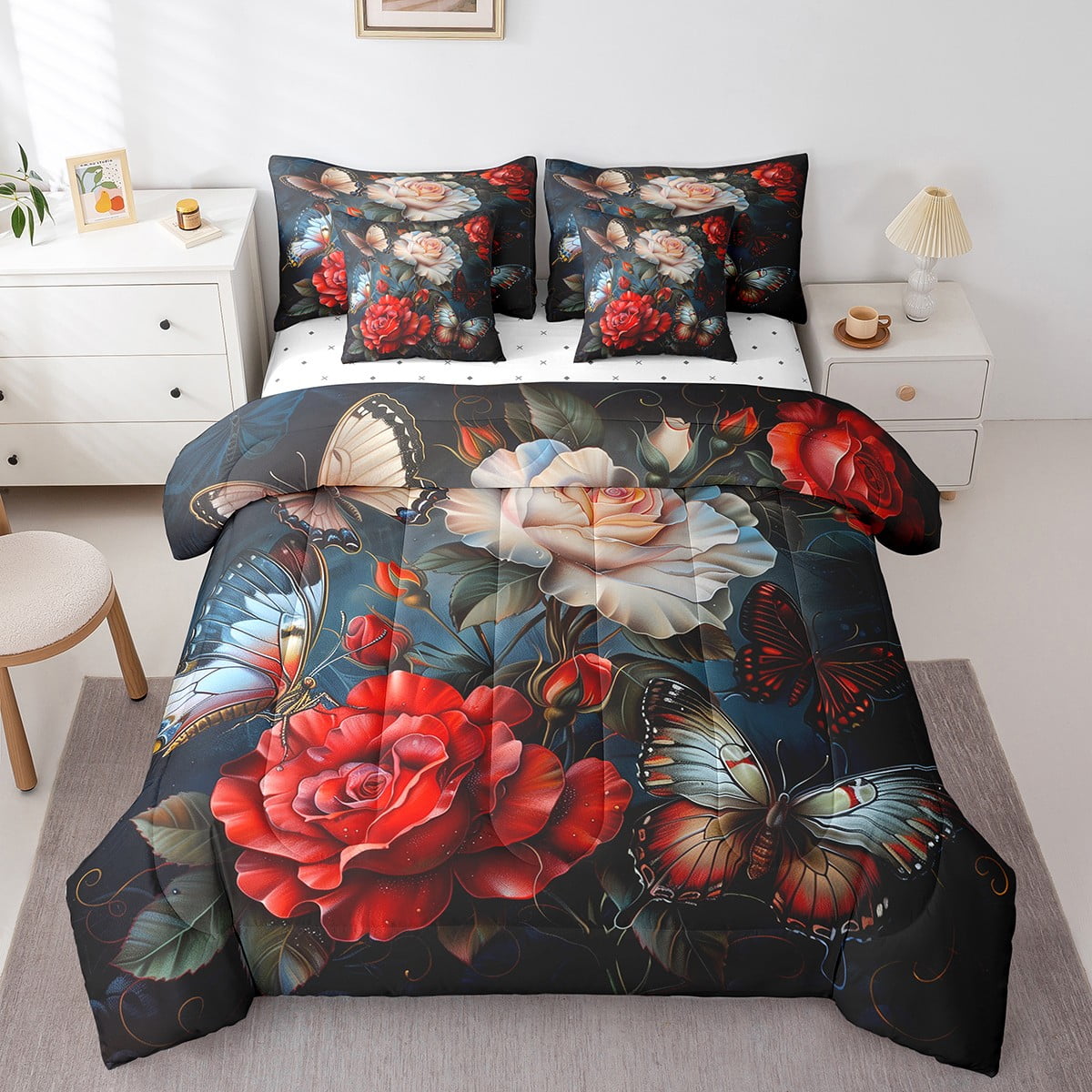 Butterfly 7 Piece Comforter Set Full Bed in a Bag,Red Rose Bedding Sets ...