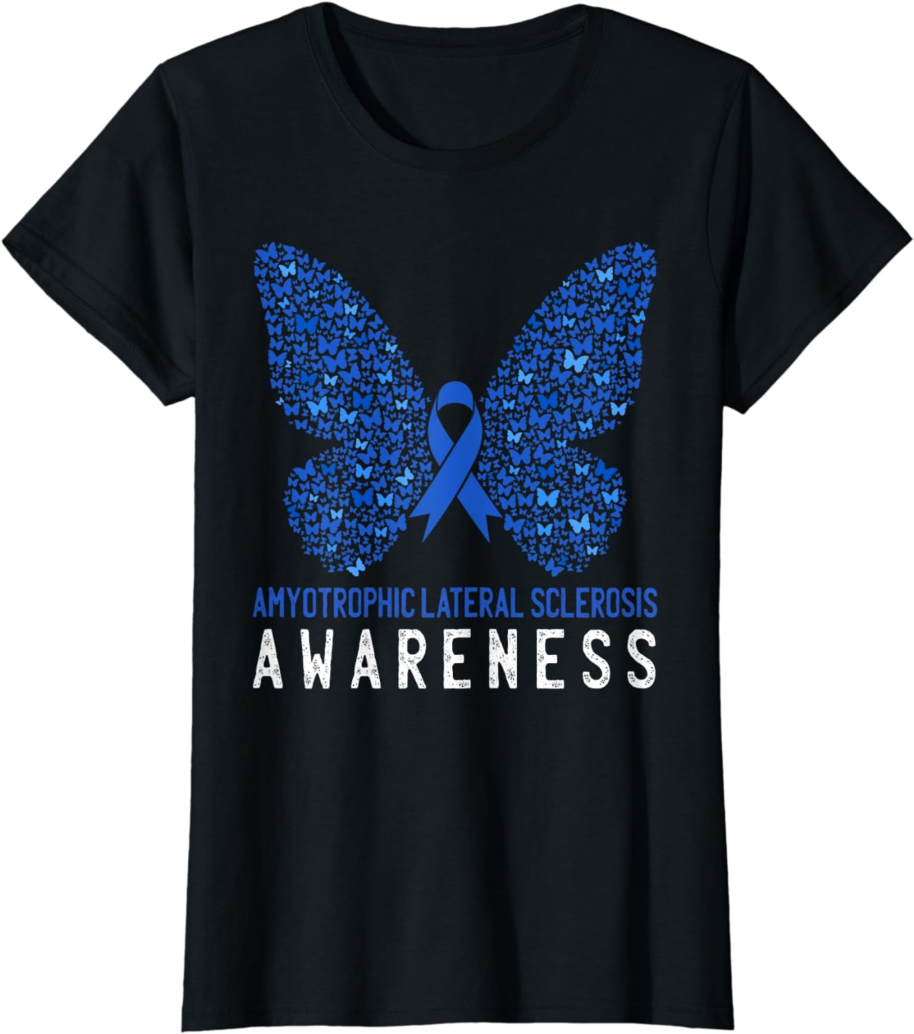 Butterfly ALS Awareness Month Blue Ribbon Support Squad T-Shirt ...