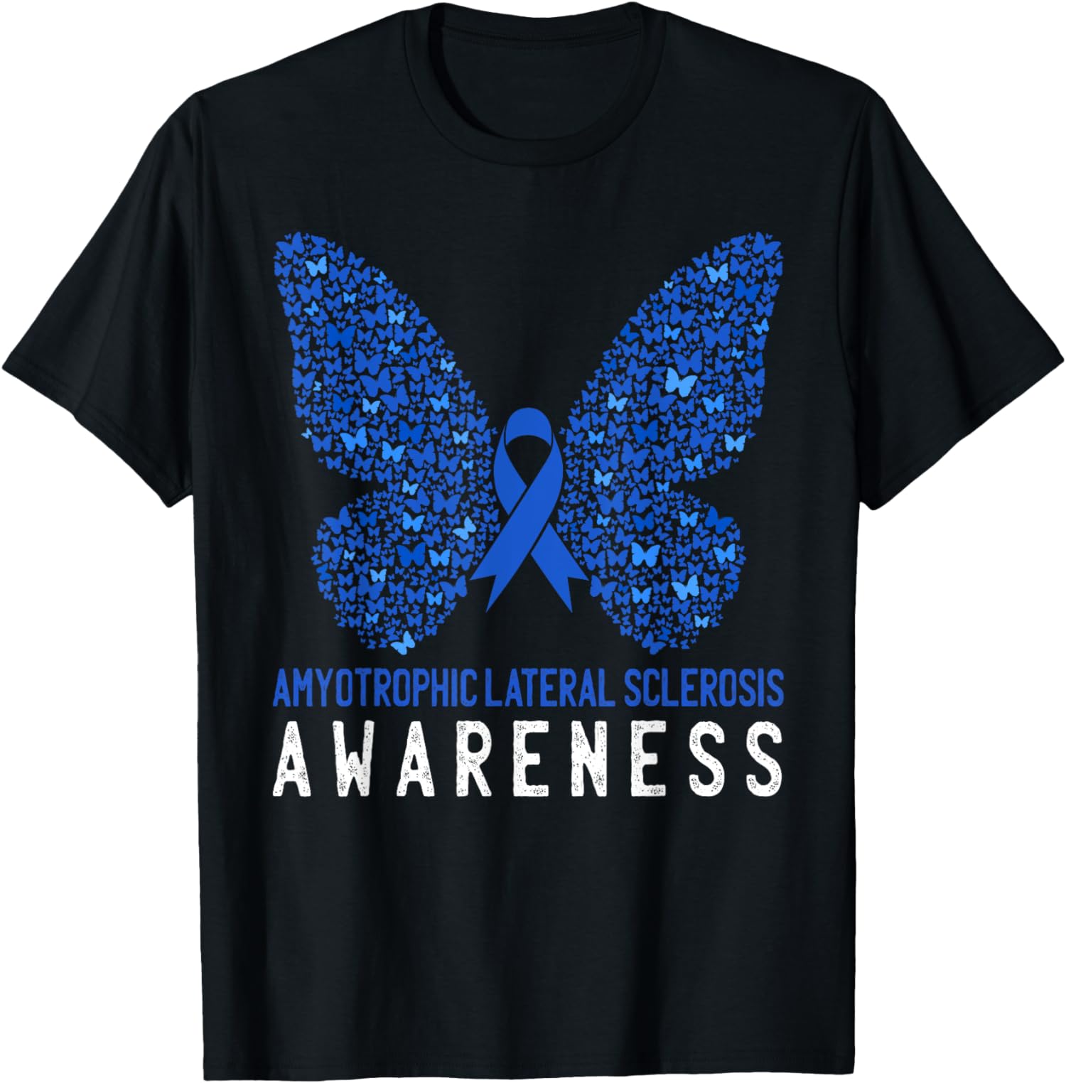 Butterfly ALS Awareness Month Blue Ribbon Support Squad T-Shirt ...