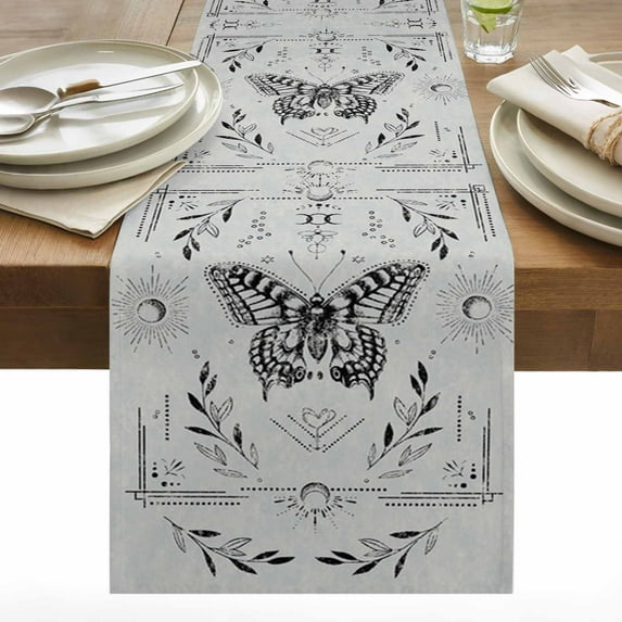 Butterfly Abstract Table Runner 13x108 inch Lines Cotton Linen Dining ...
