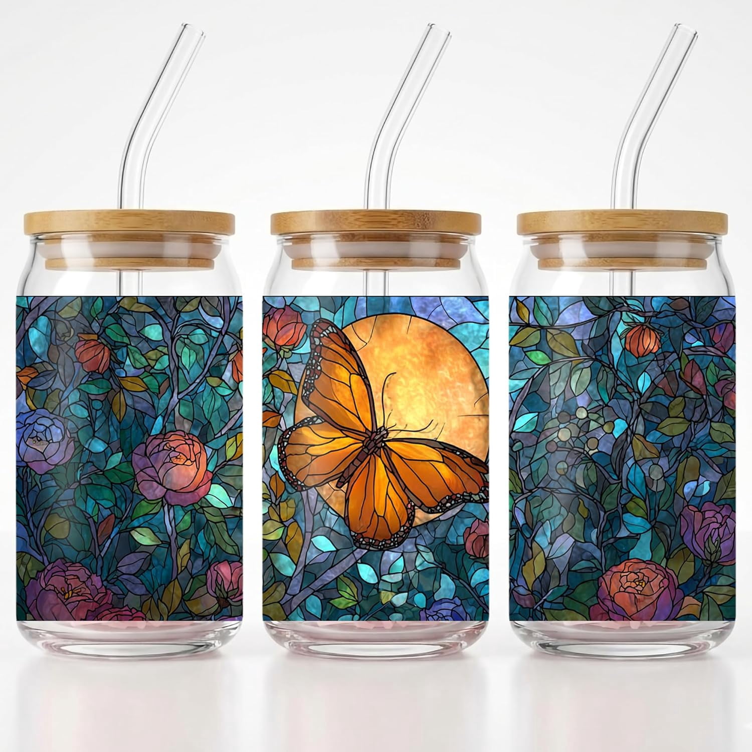 Butterfly And Flower Aesthetic Glass Can Cup With Stained, Preppy Clear ...