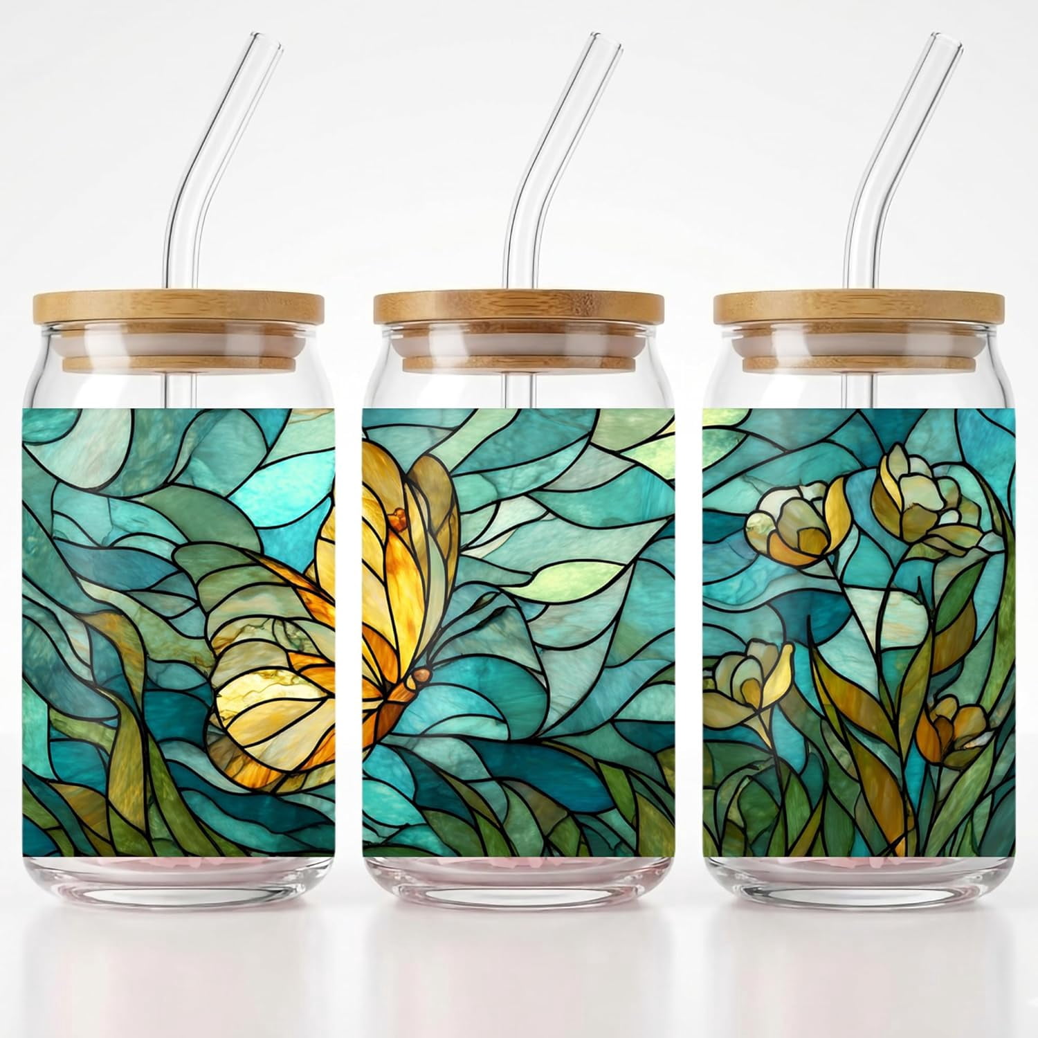 Butterfly And Flower Clear Glass Jar Cup With Stained, Preppy Aesthetic ...