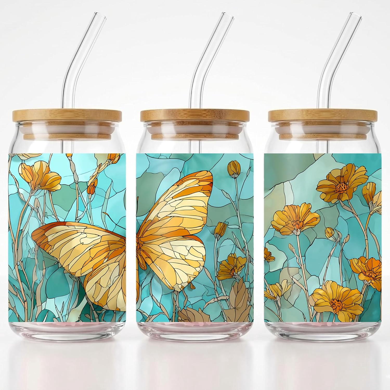 Butterfly And Flower Preppy Glass Tumbler With Stained, Aesthetic Clear ...