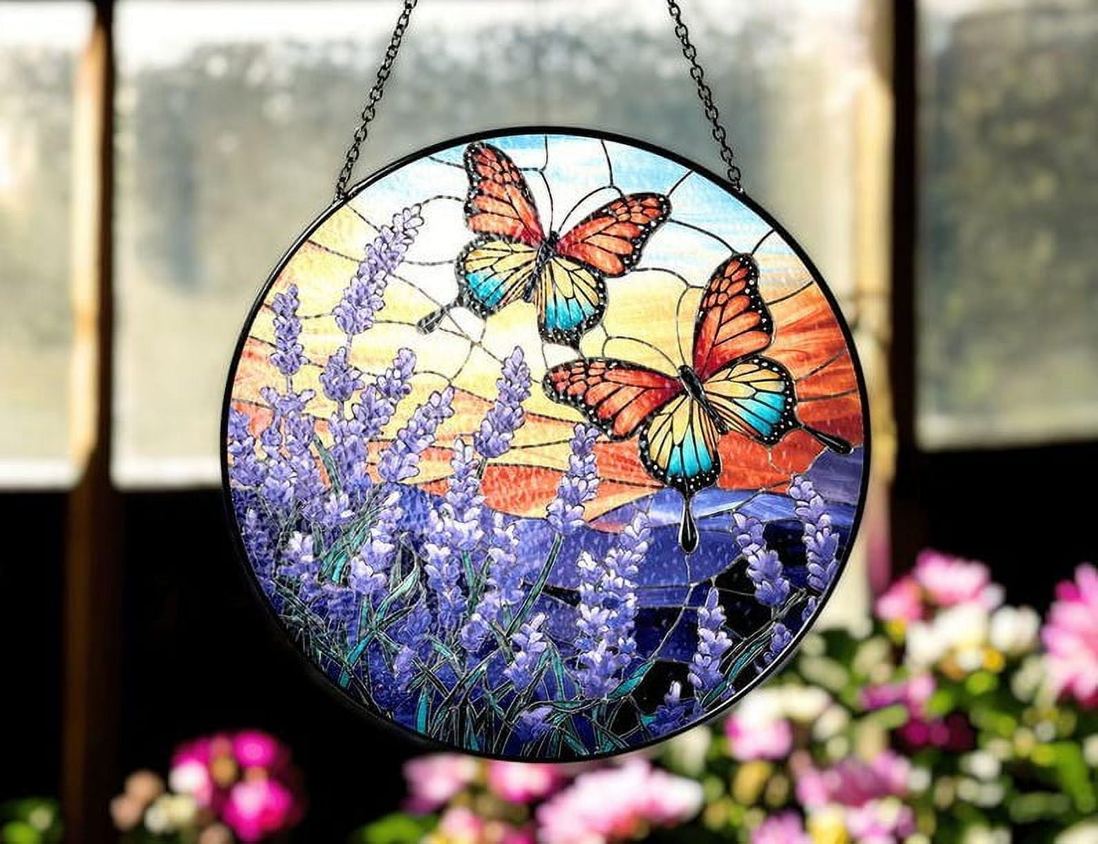 Butterfly And Lavender Flowers At Sunrise Faux Stained Glass Suncatcher ...