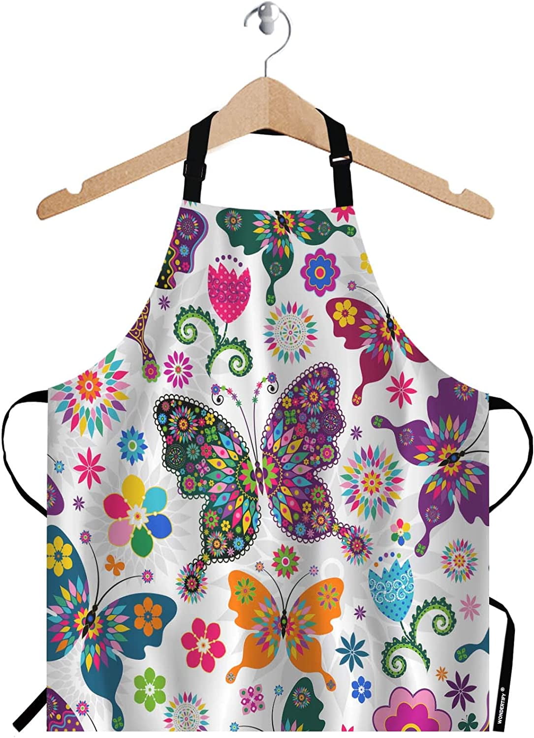 Butterfly Apron,White Floral Pattern with Colorful Butterflies and ...