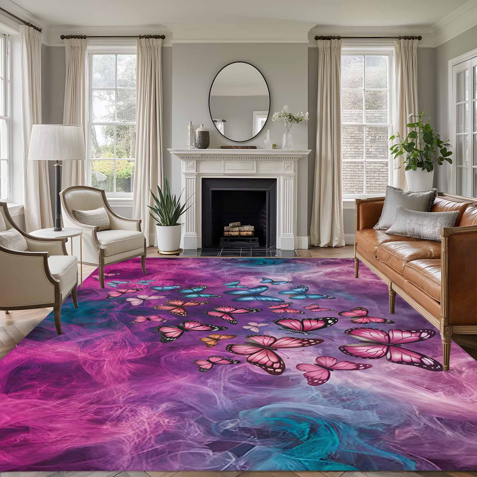 Butterfly Area Rug 5x7 Washable Rug Non Slip Purple Blue Fantasy Dream ...