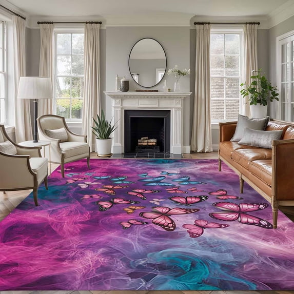 Butterfly Area Rug 5x7 Washable Rug Non Slip Purple Blue Fantasy Dream ...