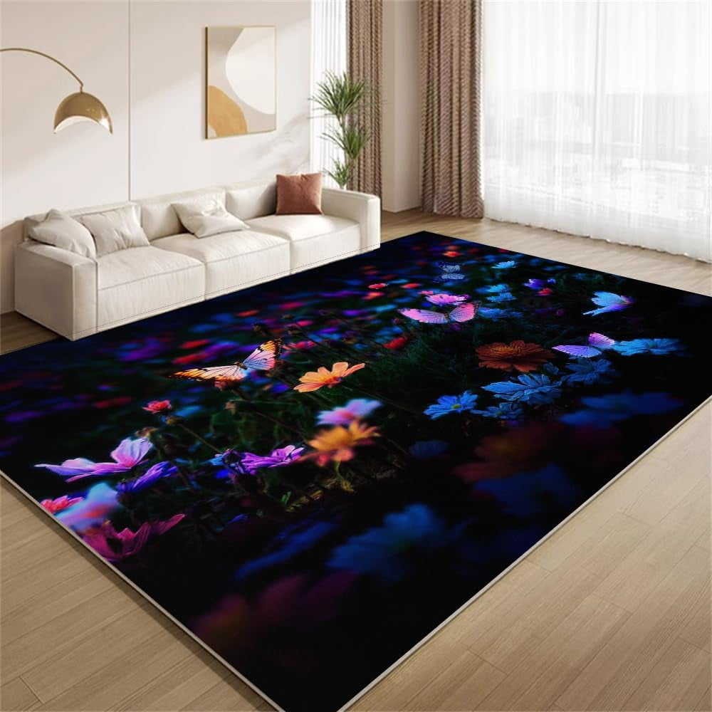Butterfly Area Rug, Flower Carpet for Kids Girls Teens Women, Blue ...