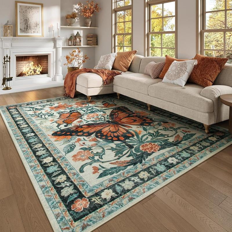 Butterfly Area Rug – Washable Floral Carpet for Bedroom, Living Room ...