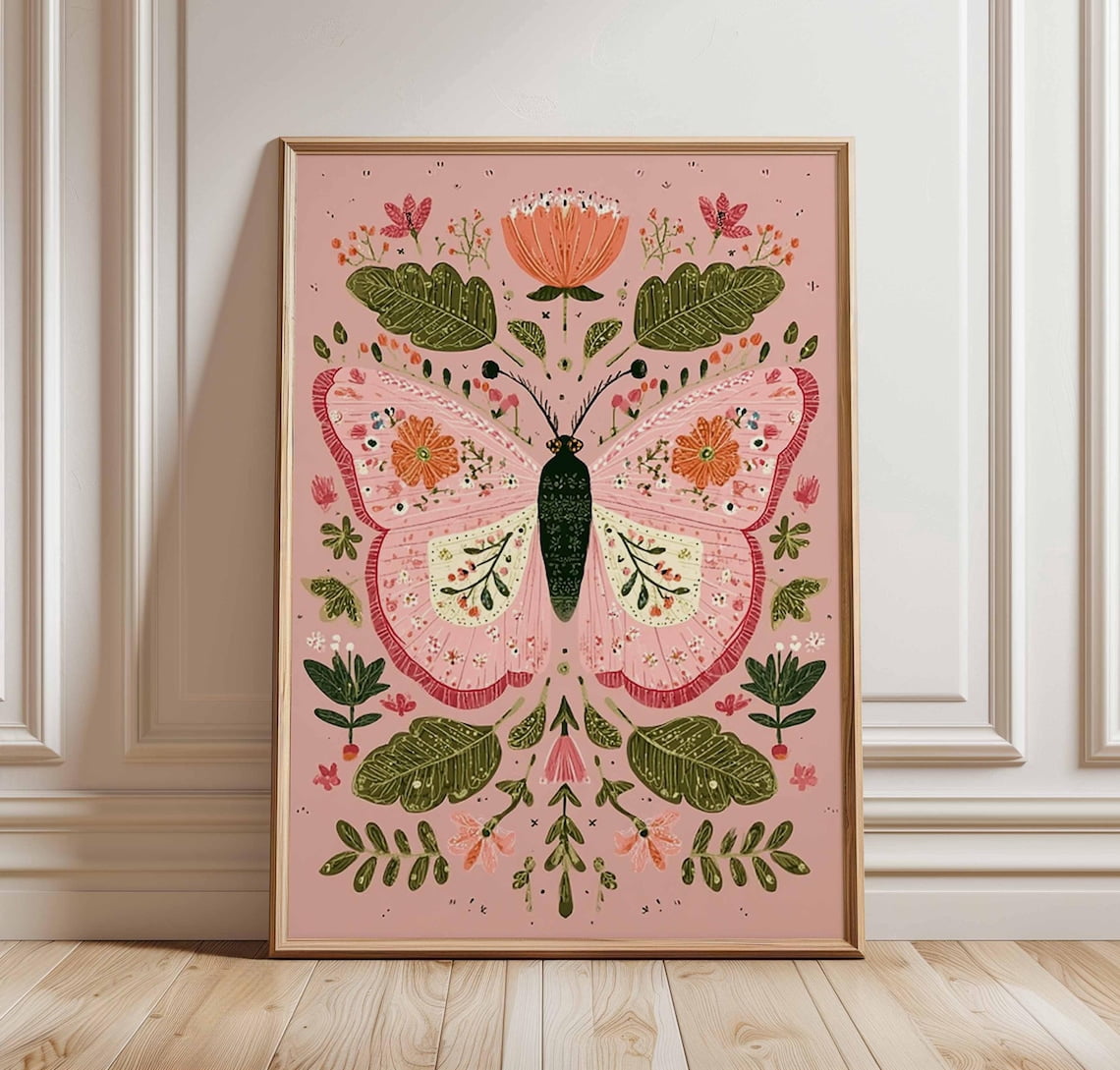 Butterfly Art Pink Green Botanical Modern Folk Wall Art Nature Decor ...