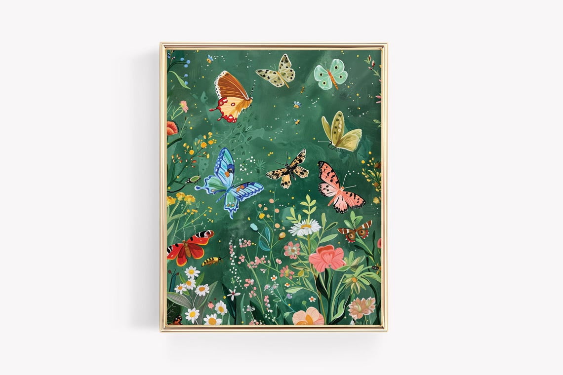Butterfly Art Whimsical Garden Nursery Green Fairy Decor Print Unframed ...