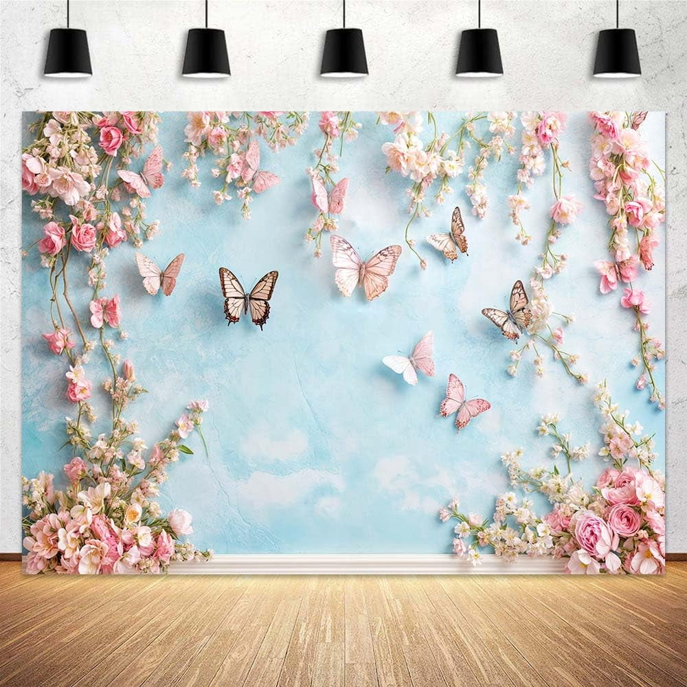 Butterfly Baby Shower Backdrop Pink Flower Blue Photo Background Floral ...