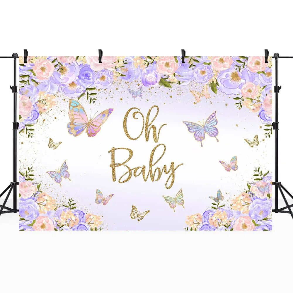 Butterfly Baby Shower Backdrop Pink Purple Butterfly Flower Girl ...