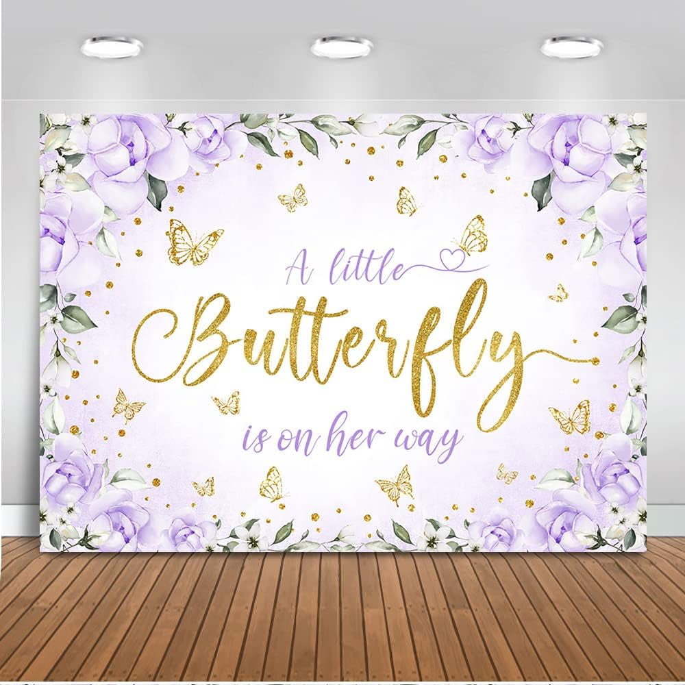 Butterfly Baby Shower Backdrop Purple Floral Golden Butterfly Girl Baby ...