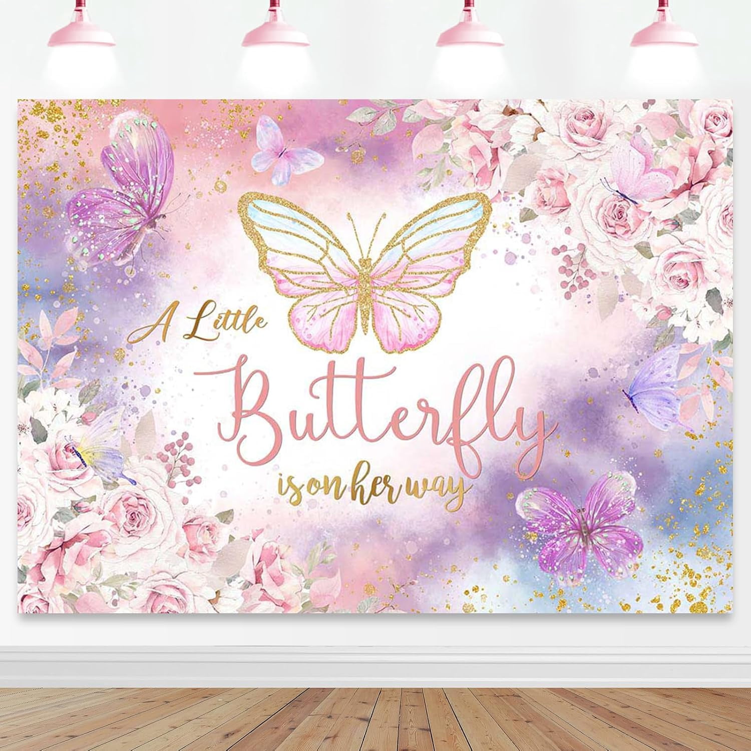 Butterfly Baby Shower Pretty Backdrop - Pink Purple Floral A Little ...