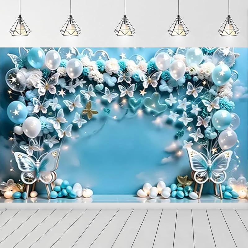 Butterfly Balloon First Birthday Background for Photoshoot Blue Pink ...