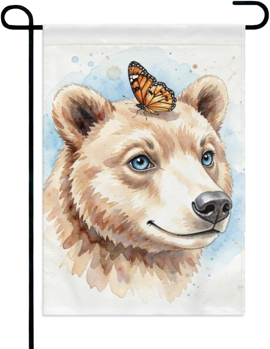 Butterfly Bear Welcome Garden Flag Double Sided Watercolor Animal ...