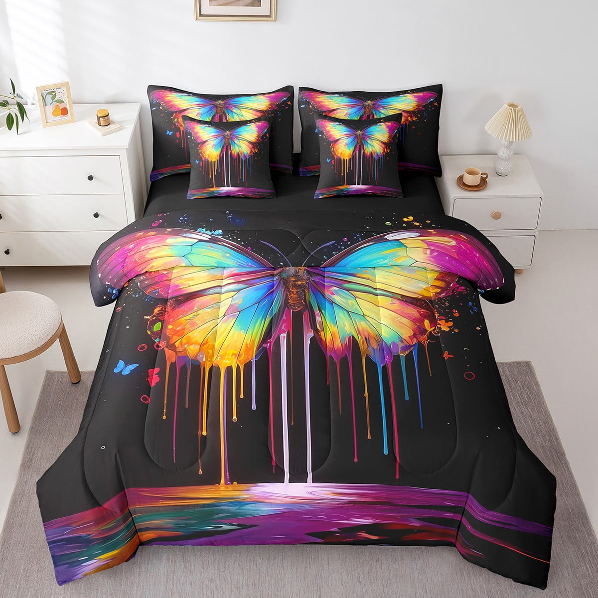 Butterfly Bed in a Bag 7 Pcs Queen for Girls Kids Rainbow Butterfly ...