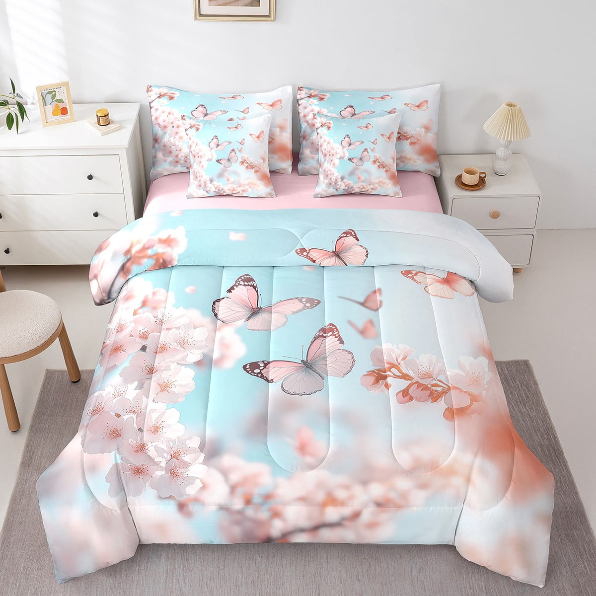 Butterfly Bed in a Bag King Size Comforter Set 7 Pieces Cherry Blossom ...