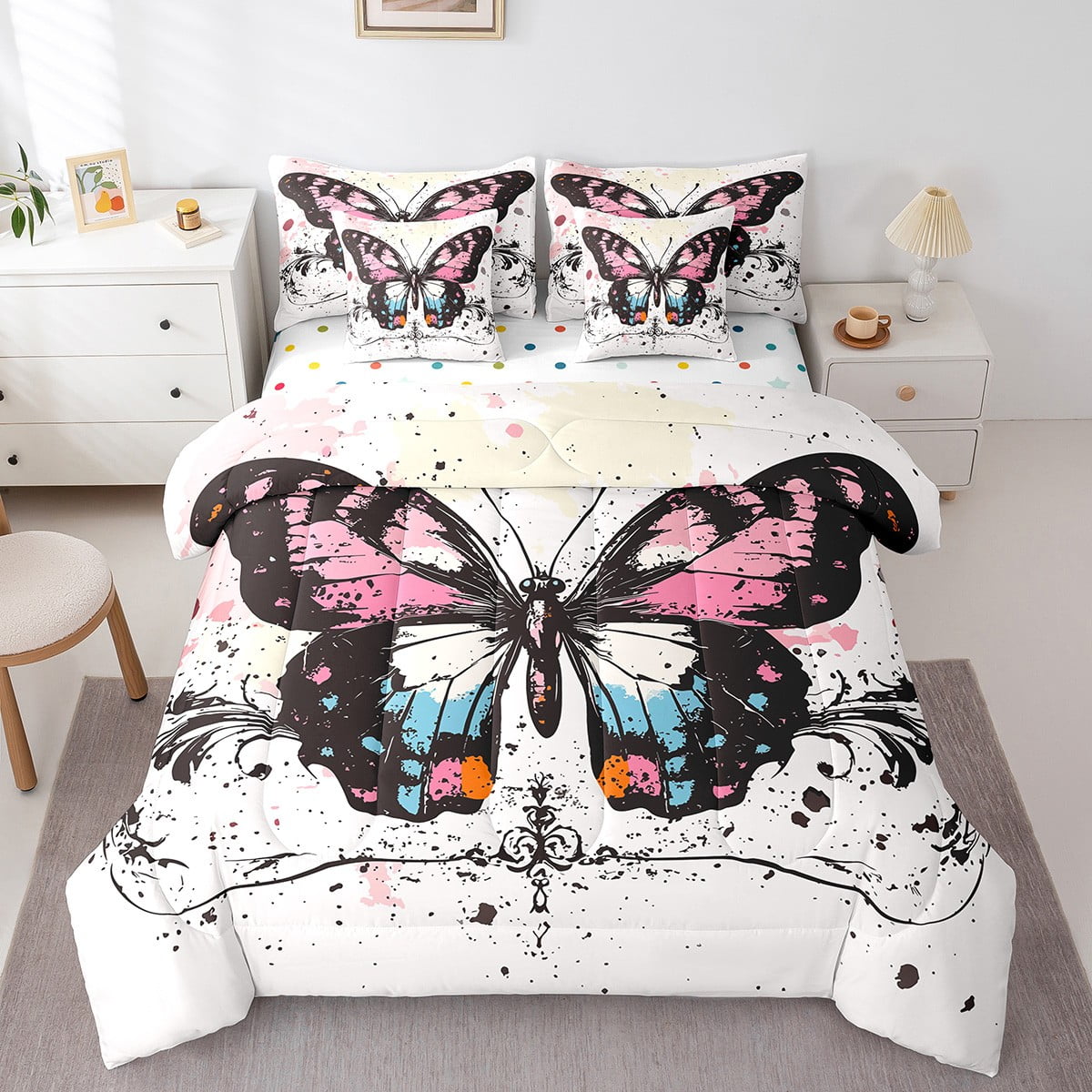 Butterfly Bed in a Bag King Size Comforter Set 7 Pieces,Pink ...