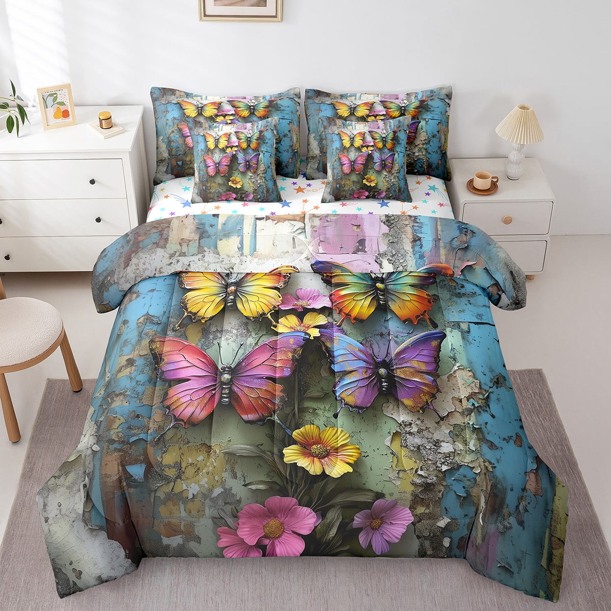 Butterfly Bed in a Bag Queen Comforter Set 7 Piece,Watercolor Beetles ...