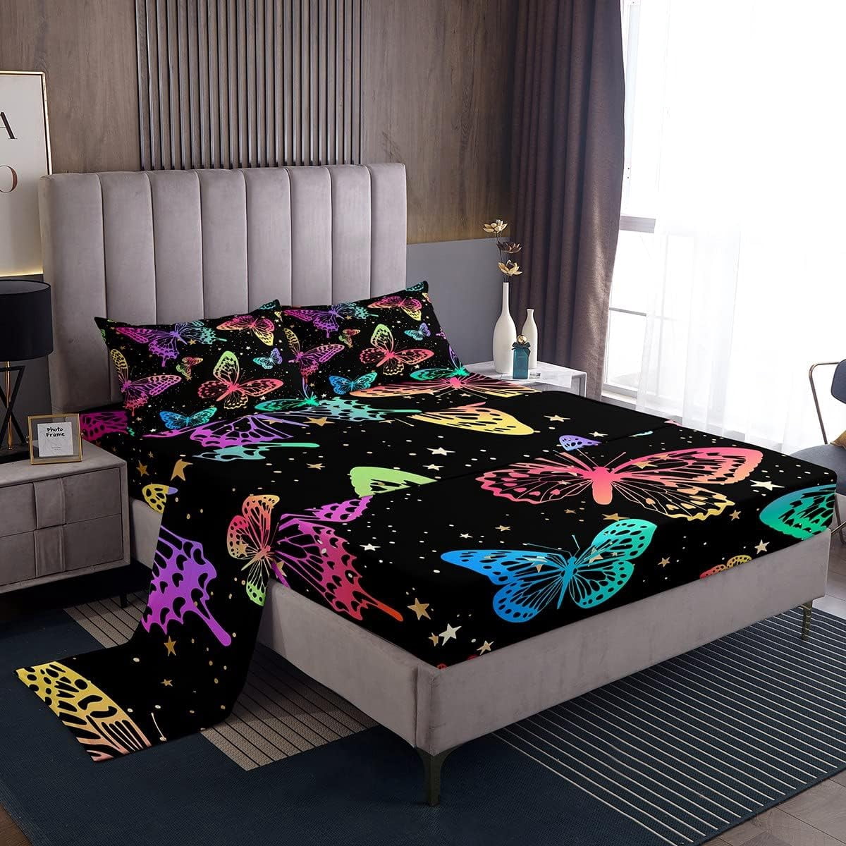 Butterfly Bed Sheets Queen Starry Sky Sheet Set Galaxy Colorful Ombre ...