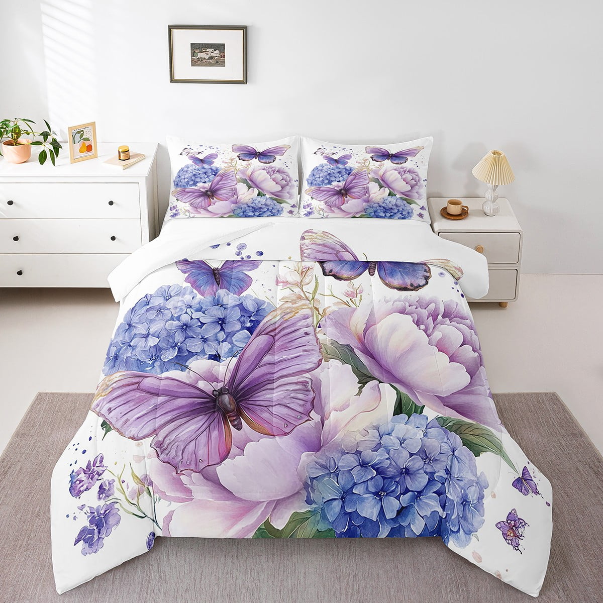 Butterfly Bedding Full Blue Hydrangea Comforter Set Purple Dreamy ...
