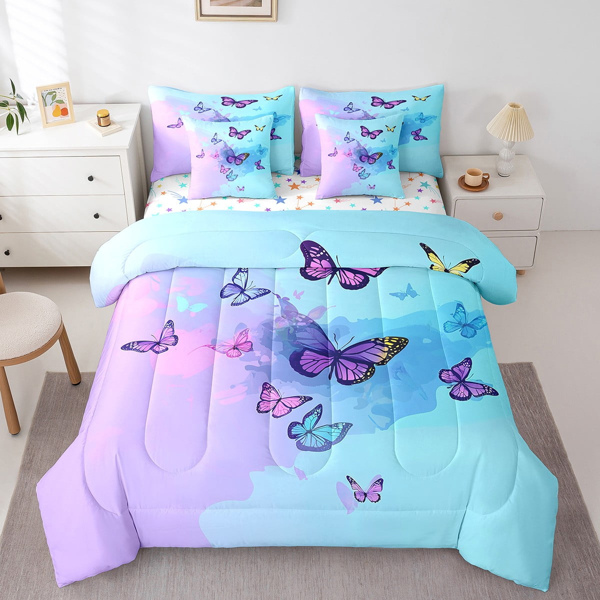 Butterfly Bedding Set 7 Pcs Blue Purple Gradient Bed In A Bag King ...