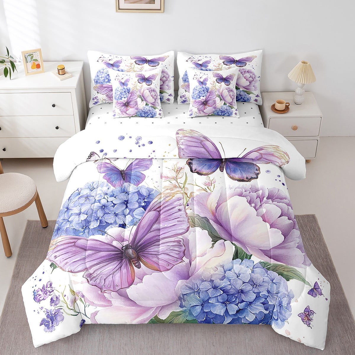 Butterfly Bedding Set 7 Pcs Queen Blue Hydrangea Bed In A Bag Purple ...