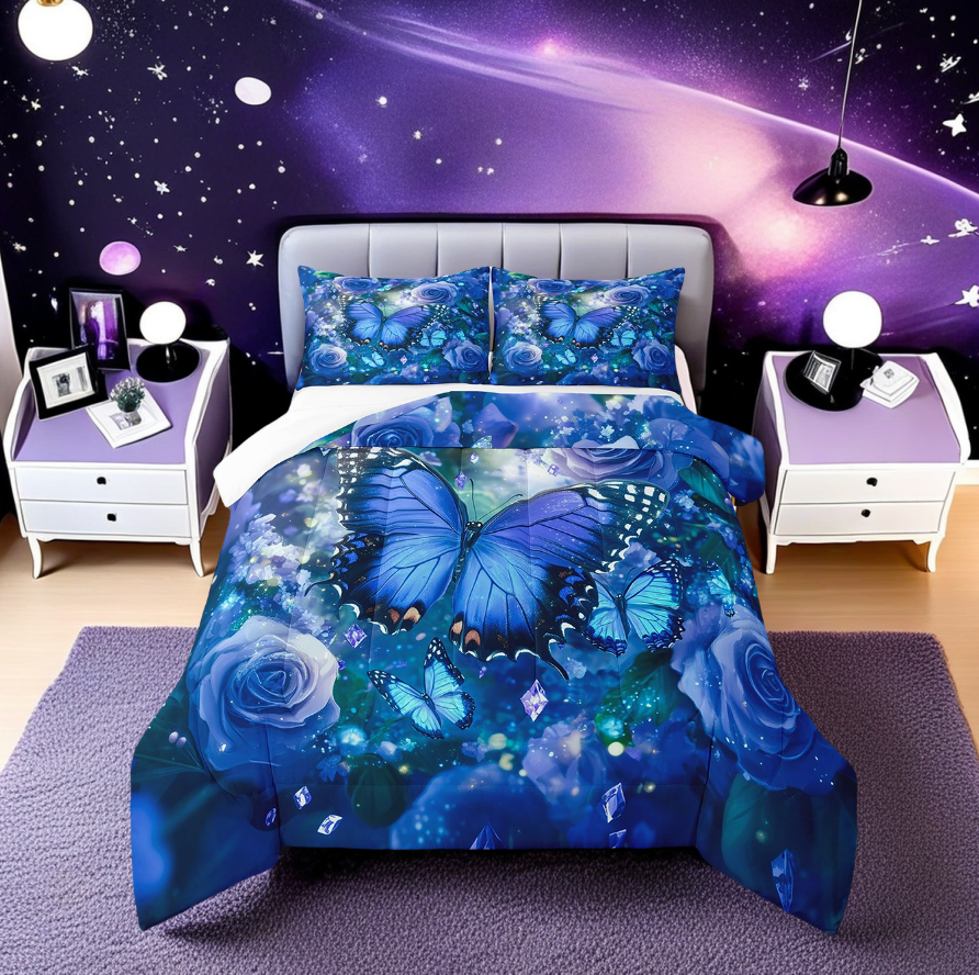 Butterfly Bedding Set Blue Flowers Full Comforter Sets,Bohemian Glitter ...
