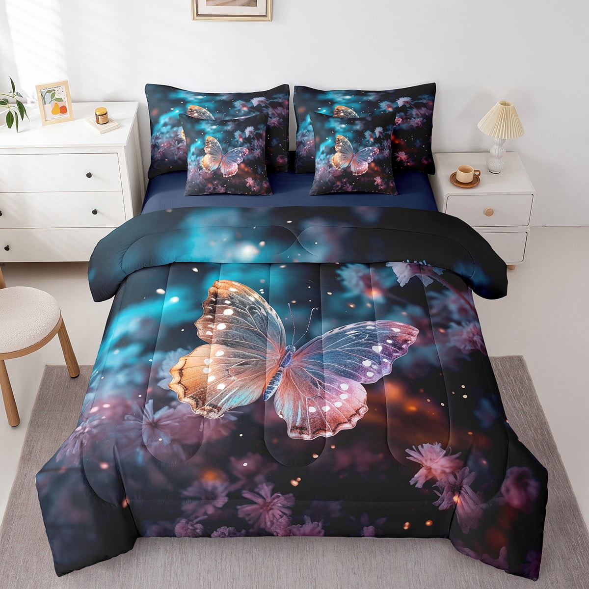 Butterfly Bedding Set Full Size,Romantic Starry Flowers Insect ...