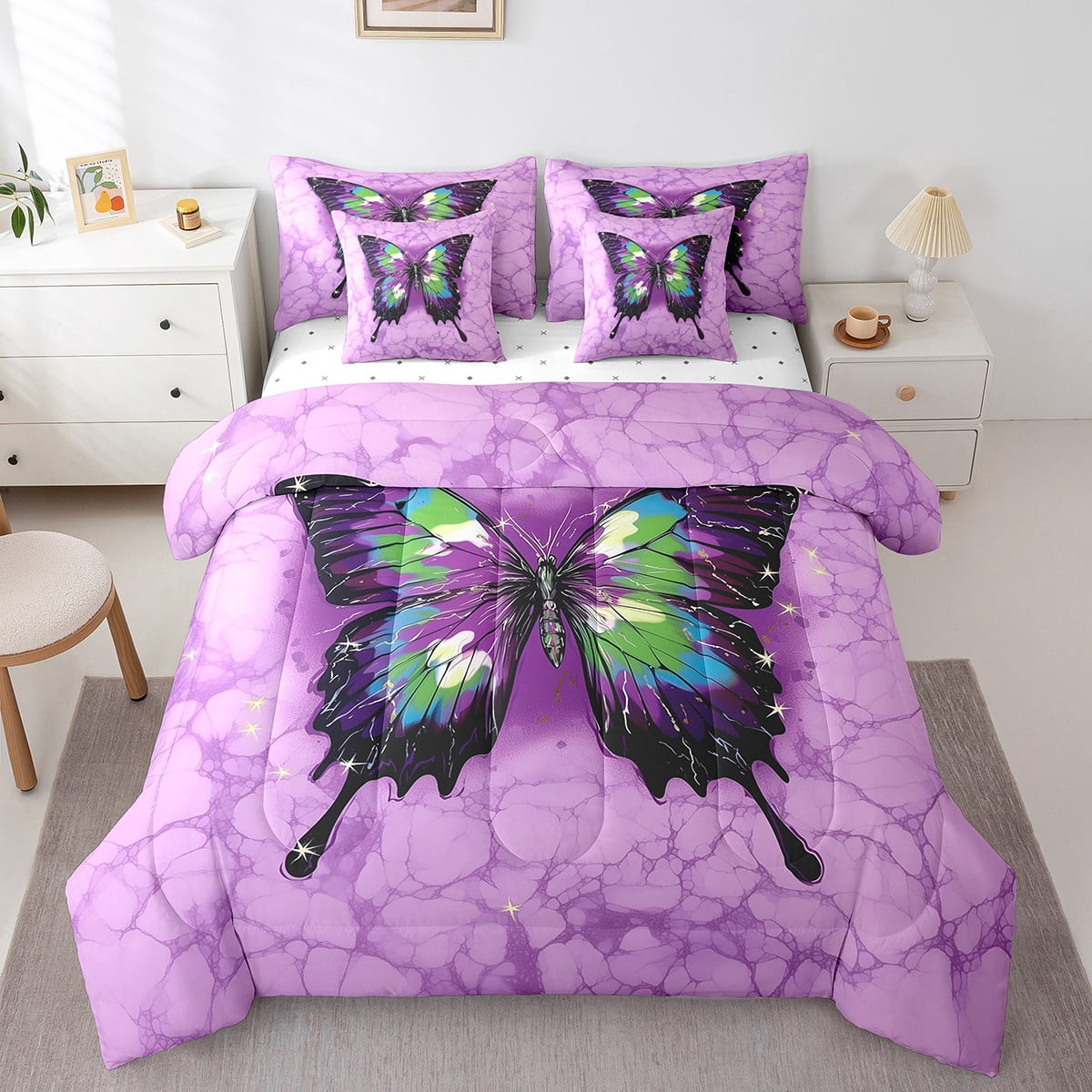 Butterfly Bedding Set Magical Animal Twin Comforter Set 7 Piece Purple ...