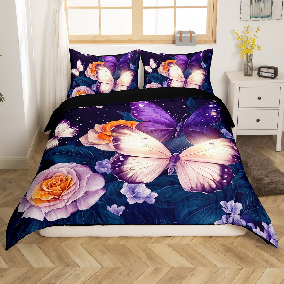 Butterfly Bedding Set Purple Floral Duvet Cover King for Girls Boys ...