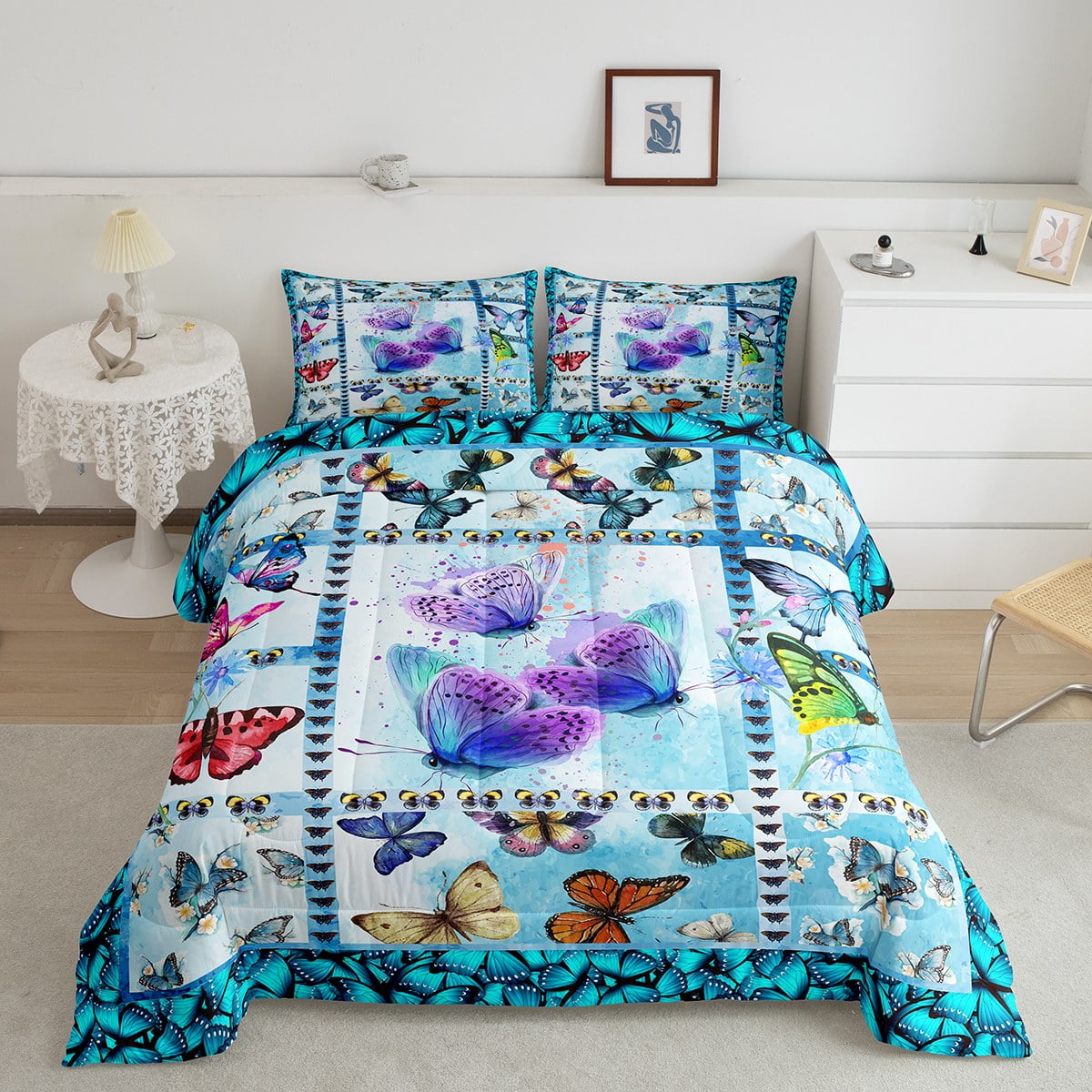 Butterfly Bedding Set,Rainbow Flying Butterflies Teal Comforter Set ...