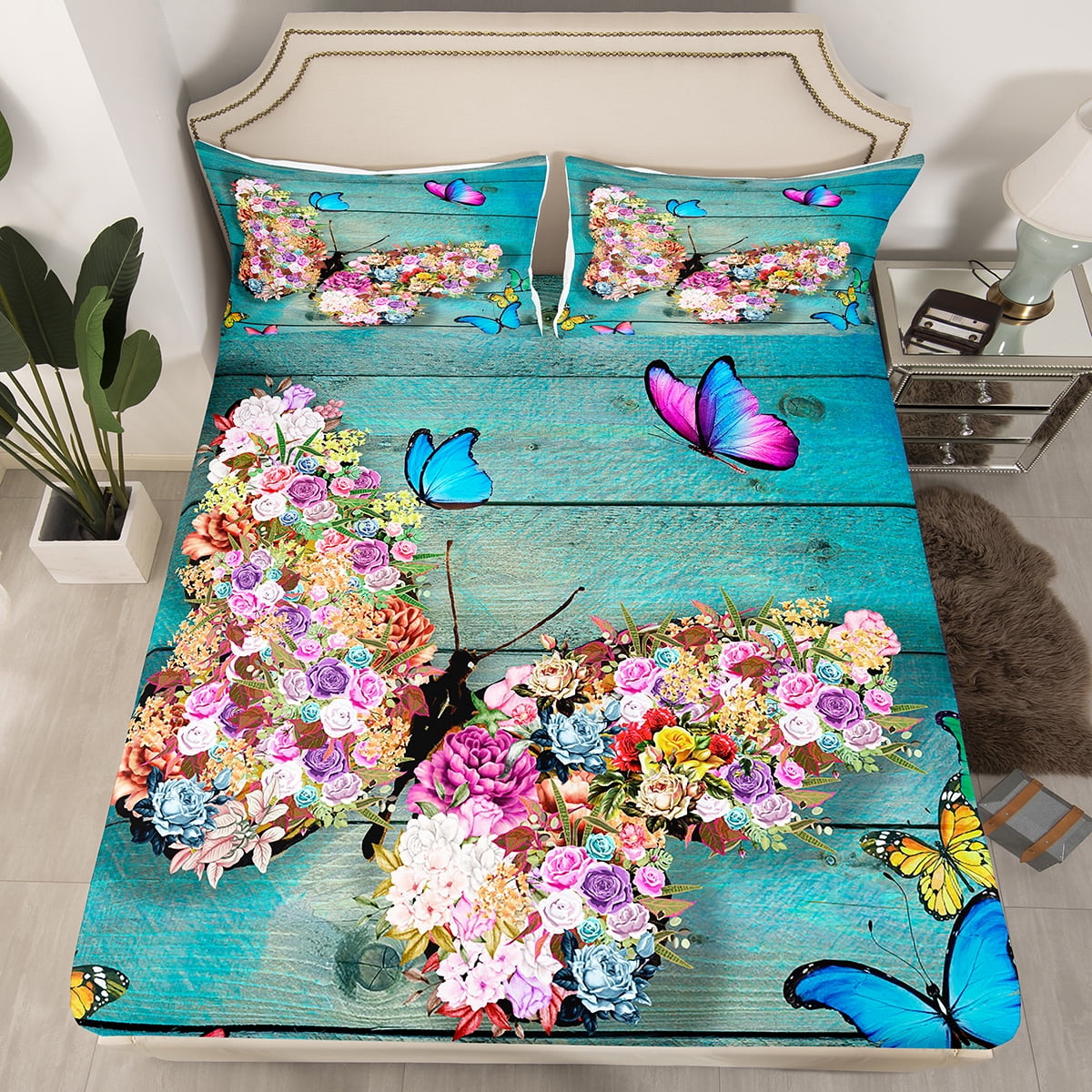 Butterfly Bedding Set Room Decor,Farmhouse Rustic Flowers Fitted Sheet ...