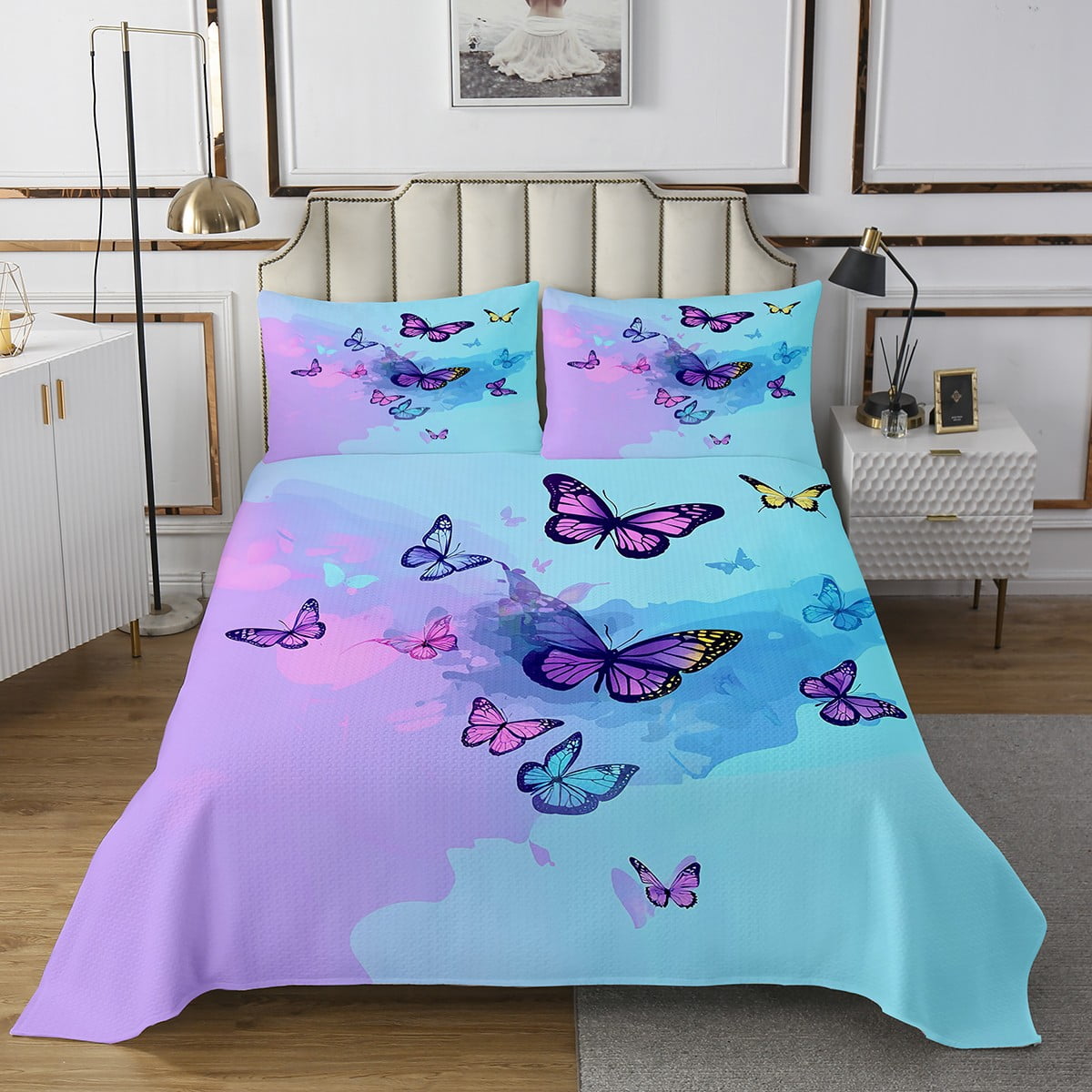 Butterfly Bedspread Blue Purple Gradient Quilt Set King Dreamy ...