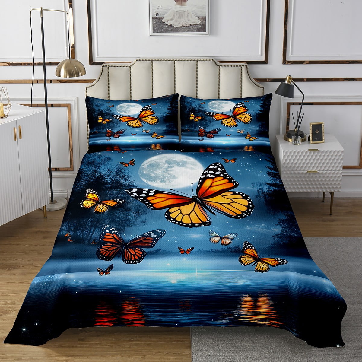 Butterfly Bedspread Blue Galaxy Quilt Set King Size Rustic Farm ...