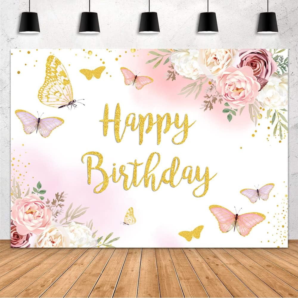 Butterfly Birthday Backdrop for Girl Pink Butterfly Birthday Party Decorations Supplies ...