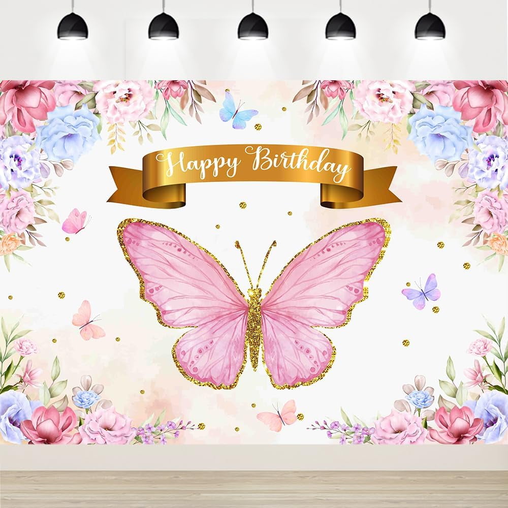 Butterfly Birthday Backdrop Pink Butterfly Birthday Backdrop Butterfly ...