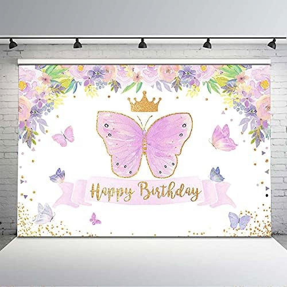 Butterfly Birthday Backdrop Purple Floral Crown Spring Butterfly ...