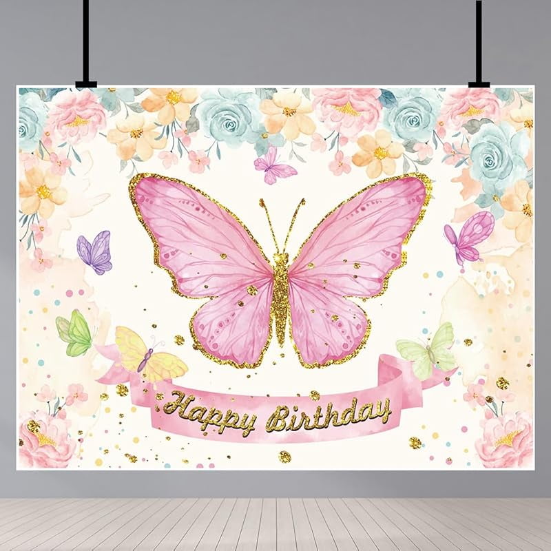 Butterfly Birthday Backdrop Purple Butterfly Backdrop Rose Flowers ...