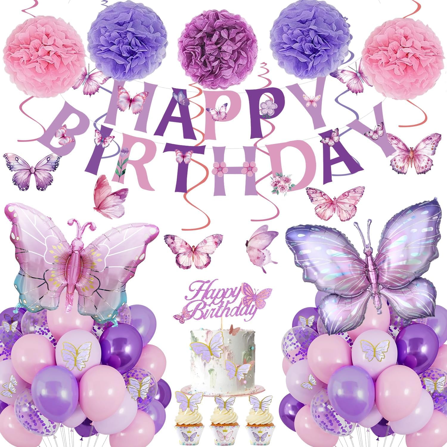 Butterfly Birthday Decorations for Girls, Birthday Balloons for Women ...