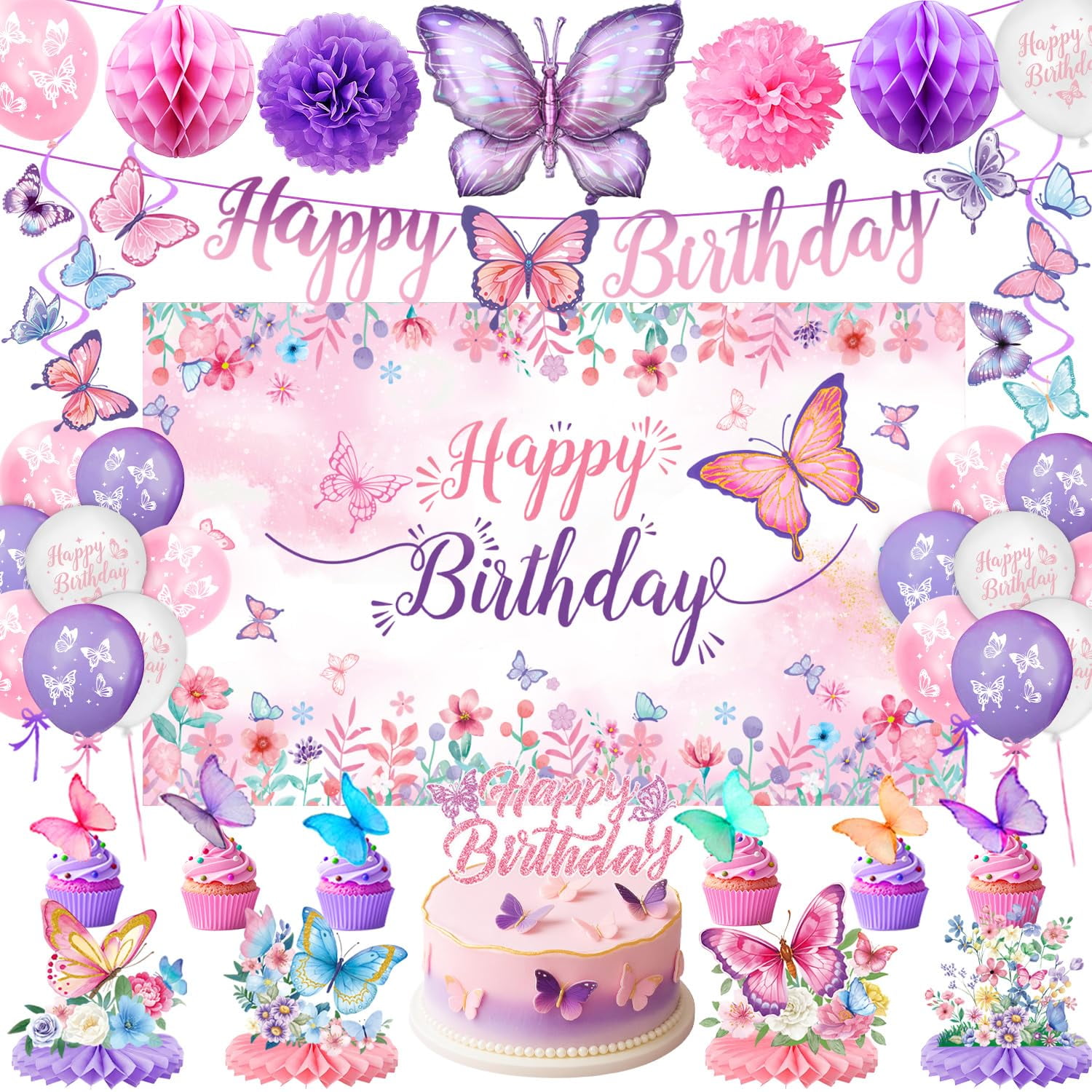 Butterfly Birthday Decorations Includes Backdrop, Banner, AIS1 Hanging ...