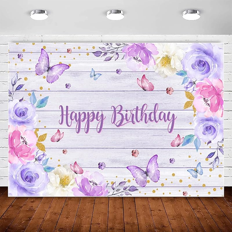 Butterfly Birthday Party Backdrop Purple Flowers Birthday Photography ...