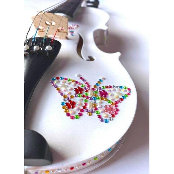 Butterfly Bling Bling Violin Outfit w Matching Carbon Fiber Bow Case Crystal Fine Tuners Rosin ...